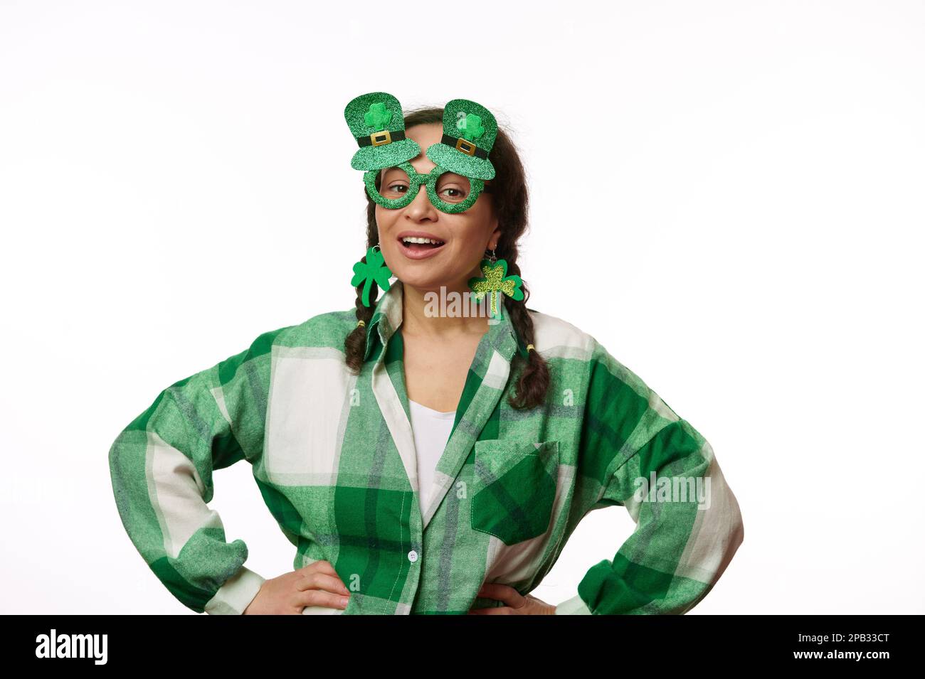 Attractive multi-ethnic woman wearing stylish carnival spectacles ...