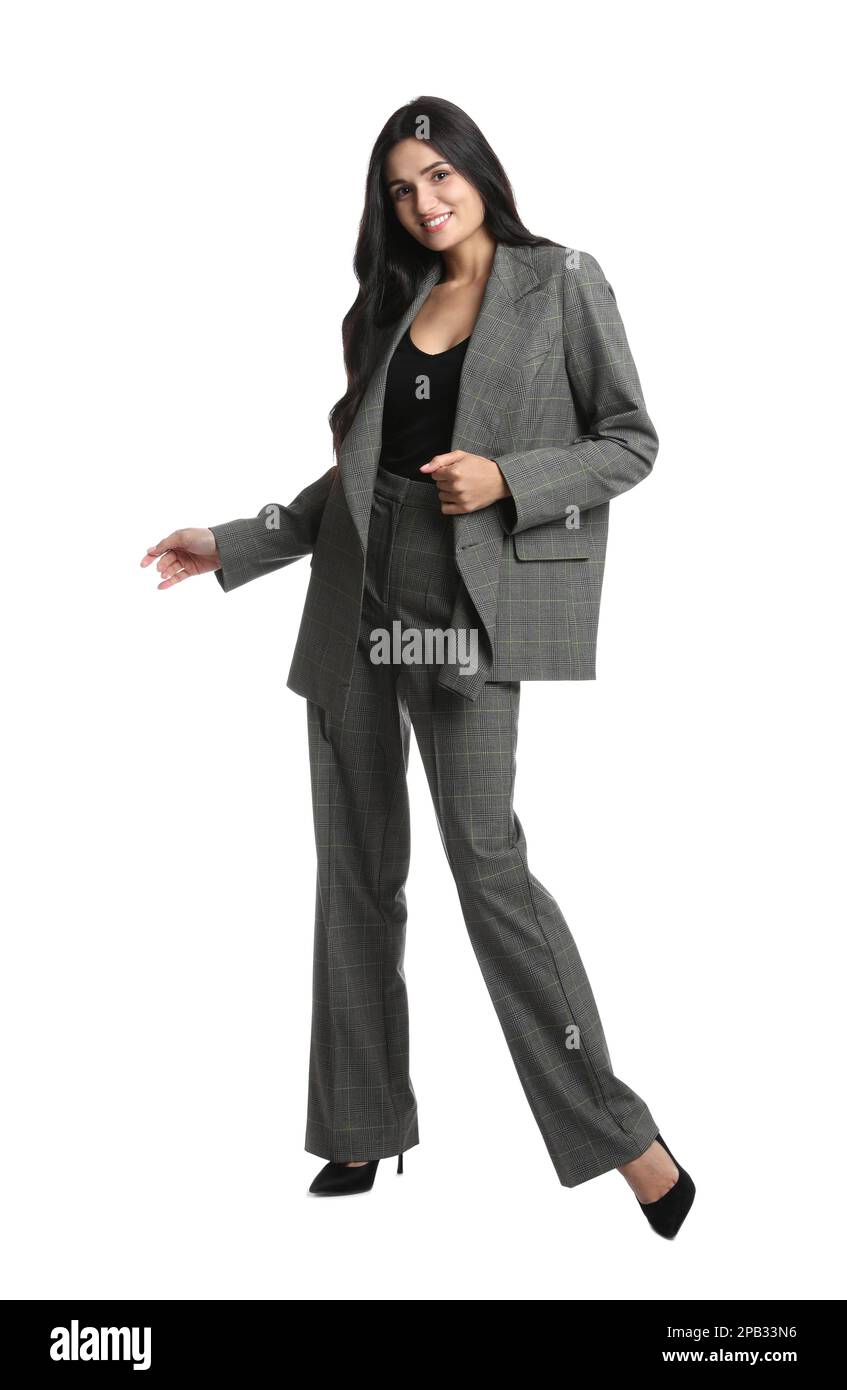 Full length portrait of beautiful woman in formal suit on white ...