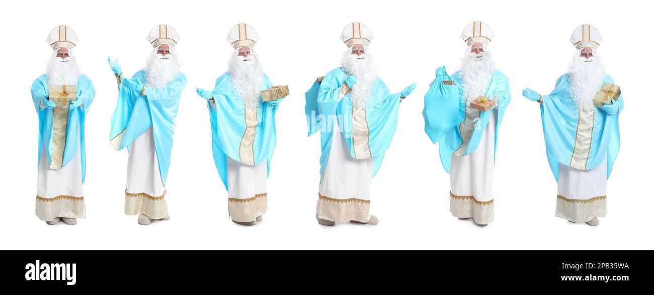 Collage with photos of Saint Nicholas on white background. Banner ...