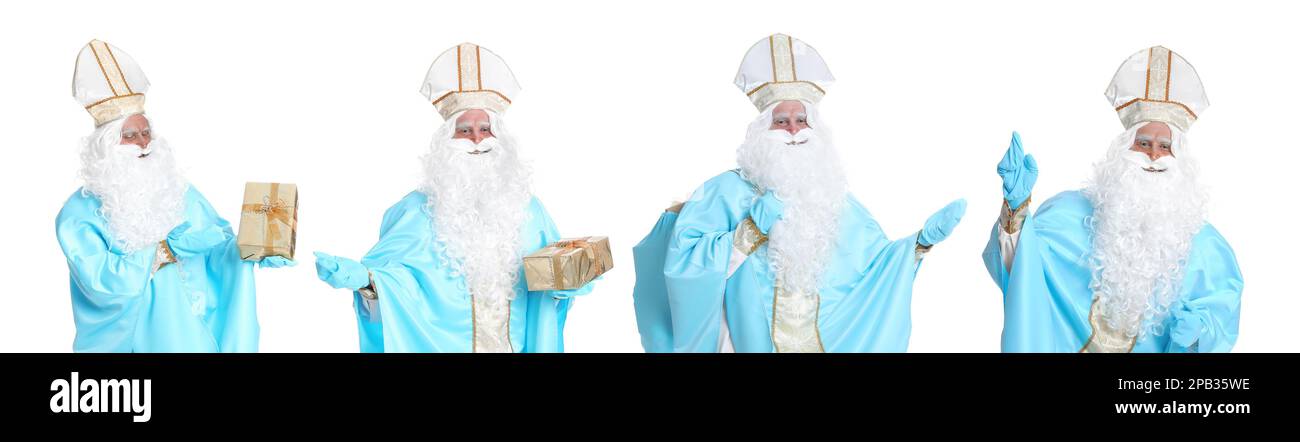 Collage with photos of Saint Nicholas on white background. Banner ...