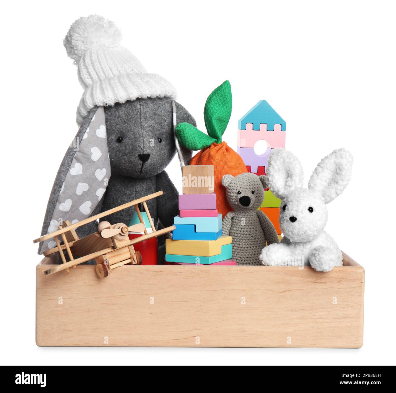Wooden crate with different cute toys on white background Stock Photo ...