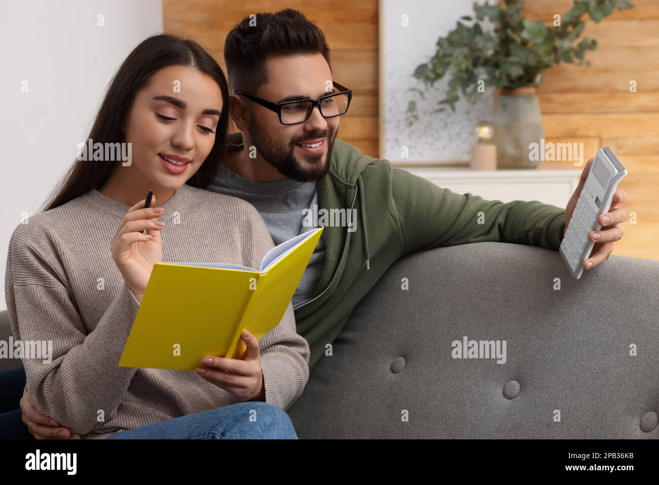 Young couple discussing family budget at home Stock Photo - Alamy