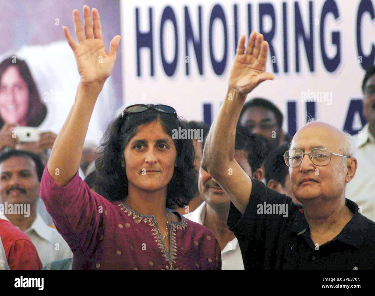 American astronaut Sunita Williams and her father Deepak Pandya wave to ...