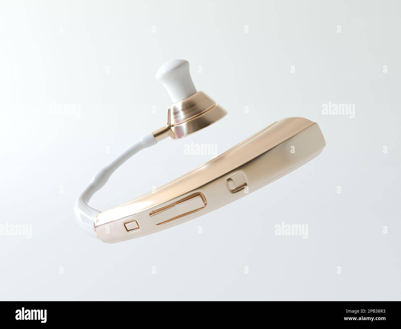Luxury hearing aid isolated on a light background. Golden stylish ...