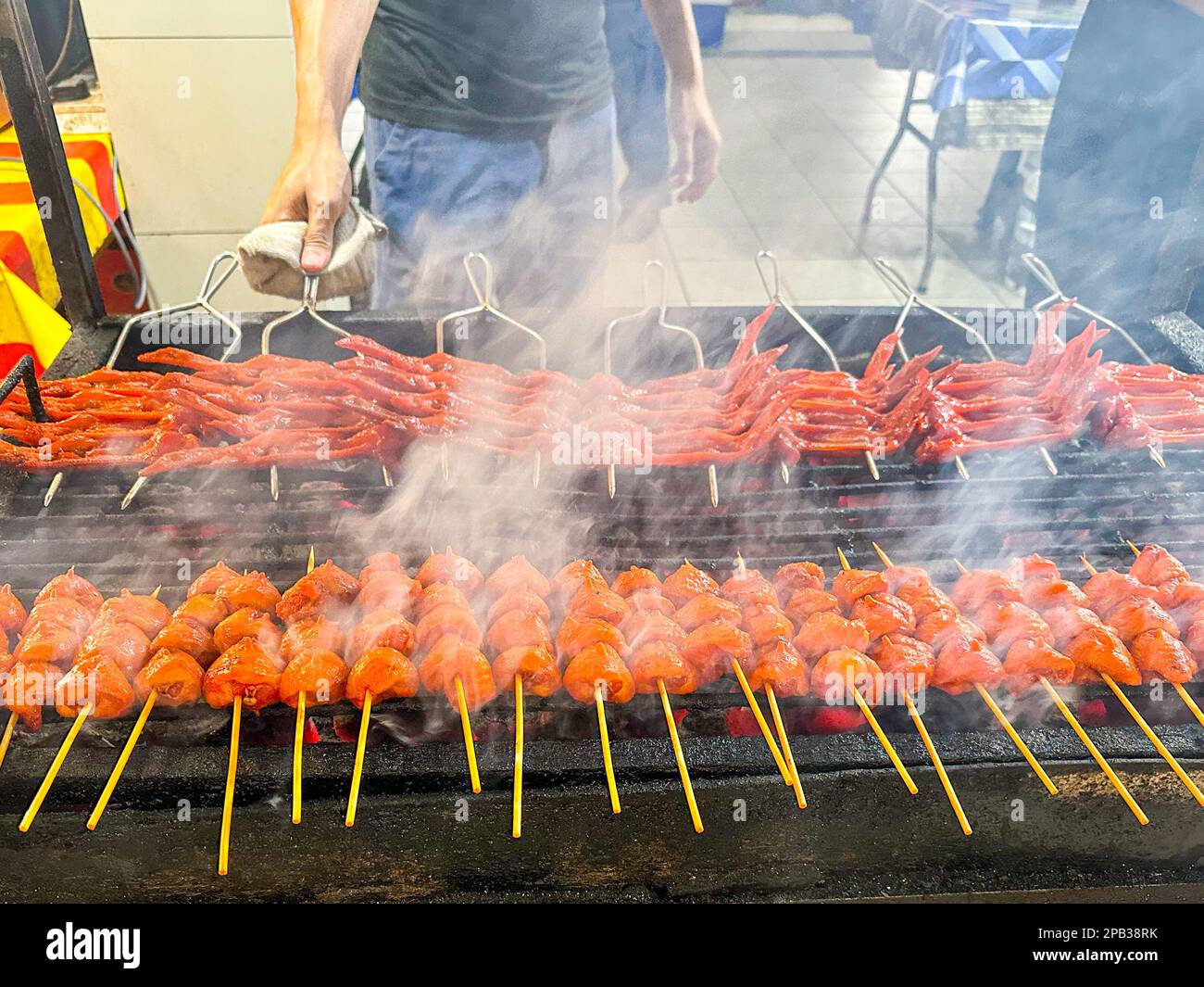 fry or bbq food (chicken, fish ball) in open night food market in ...