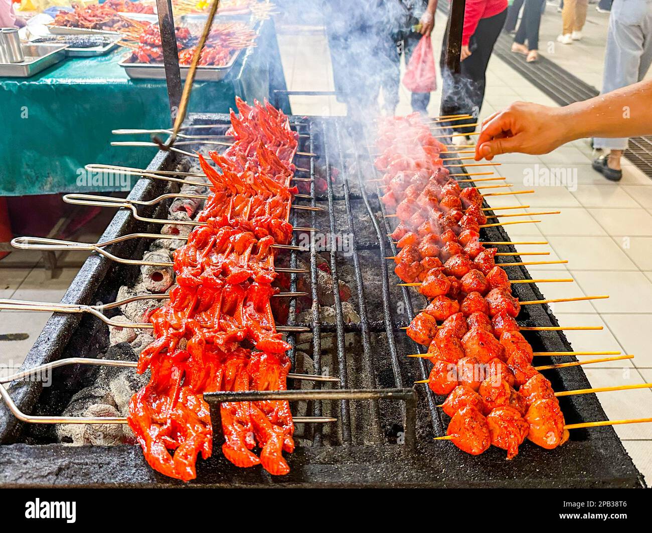 fry or bbq food (chicken, fish ball) in open night food market in ...