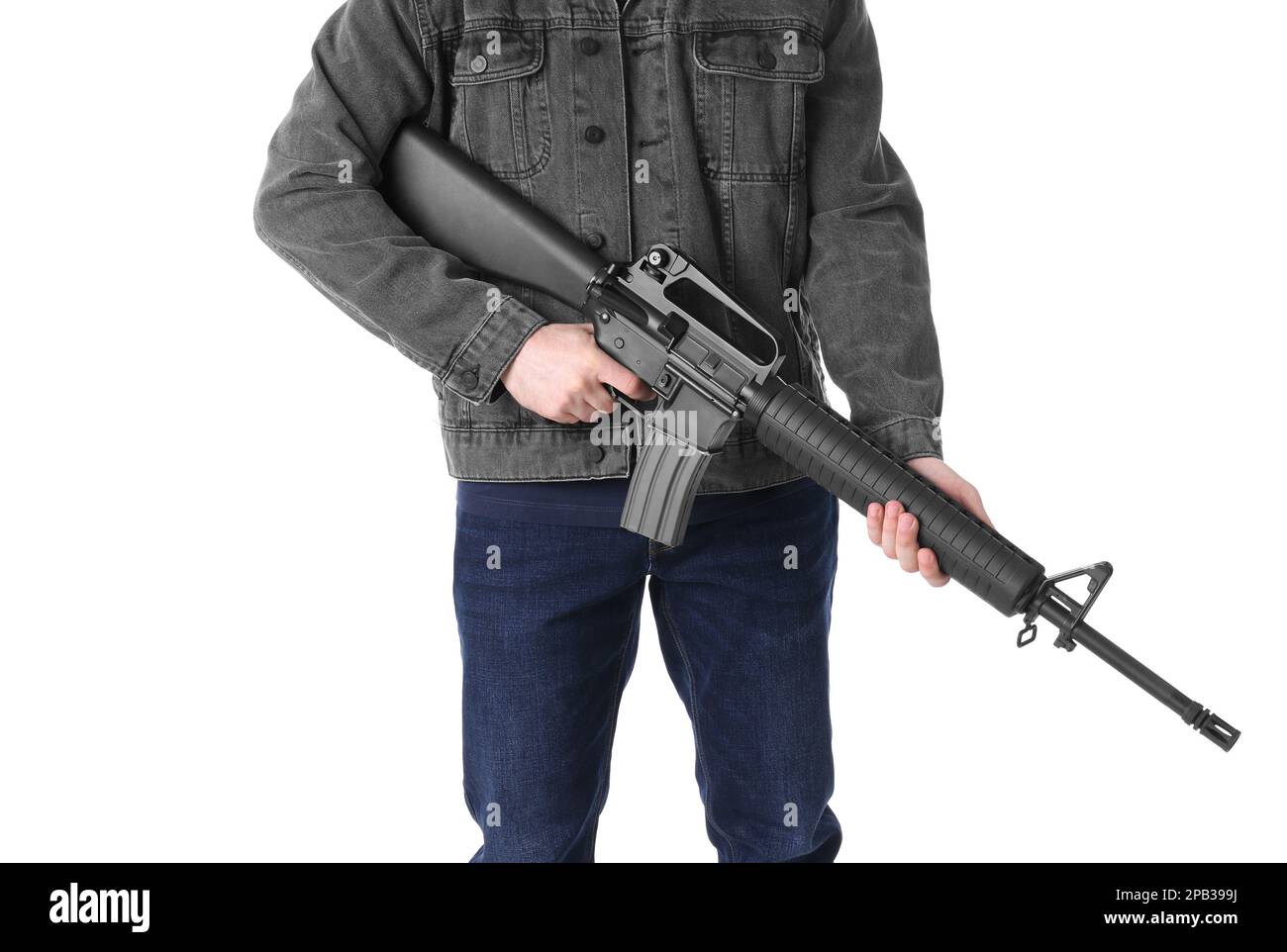 Assault gun. Man holding rifle on white background, closeup Stock Photo ... Assault gun. Man holding rifle on white background, closeup Stock Photo ...
