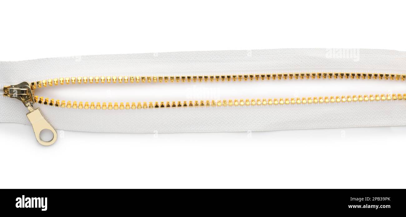 Golden zipper on white background, top view Stock Photo - Alamy
