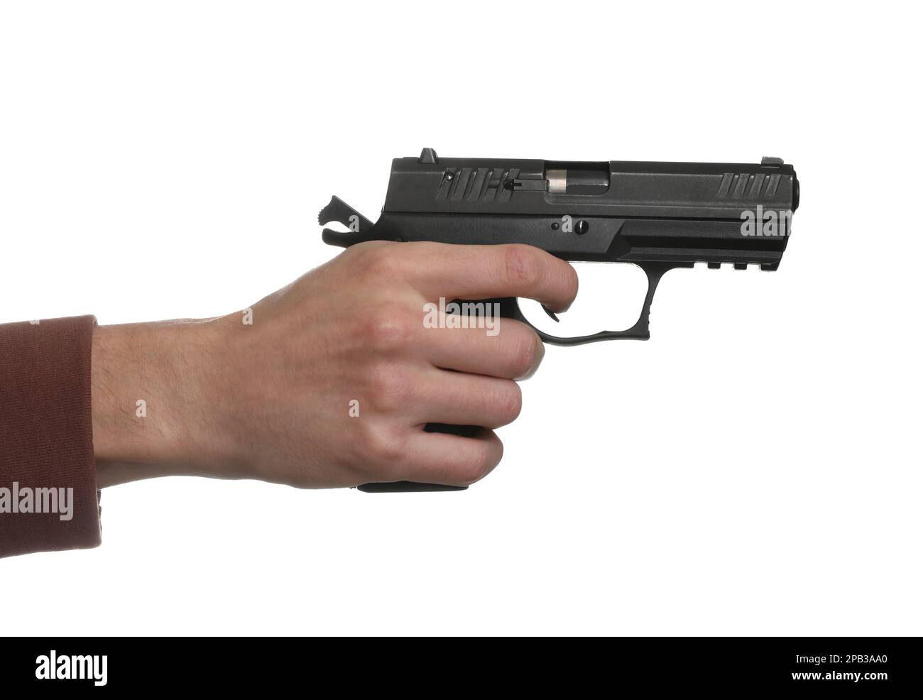 Man aiming gun against white background, closeup Stock Photo - Alamy