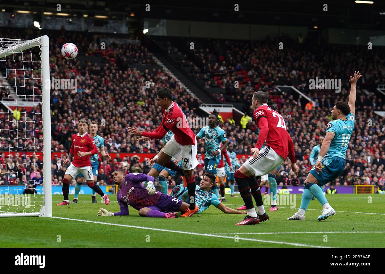 Manchester United's Raphael Varane has a header at goal during the ...