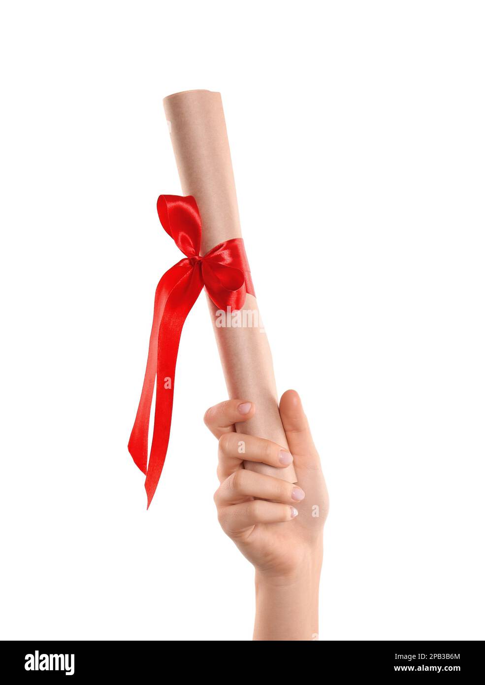 Student holding rolled diploma with red ribbon on white background ...