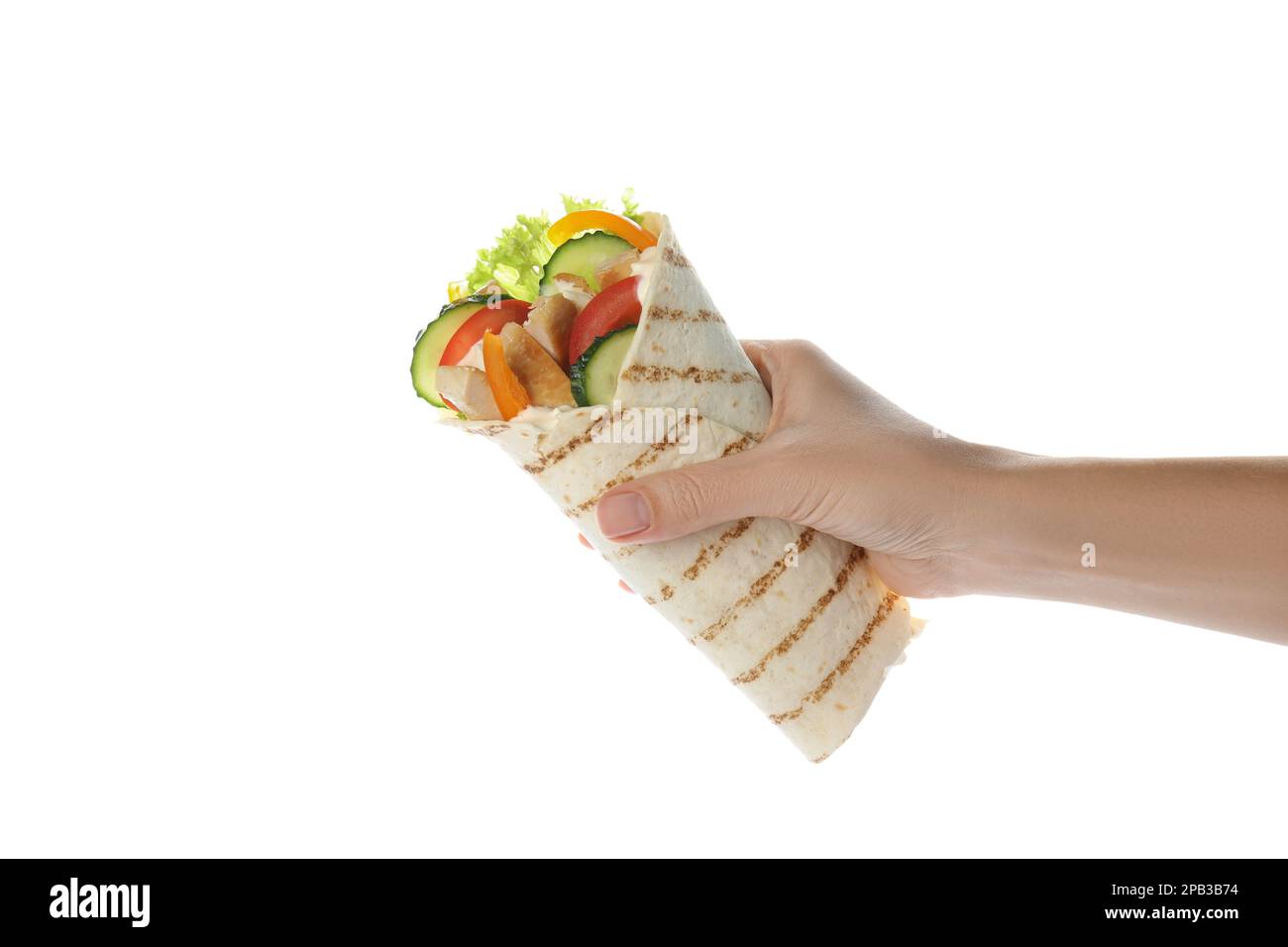 Woman holding tasty chicken shawarma on white background, closeup Stock ...