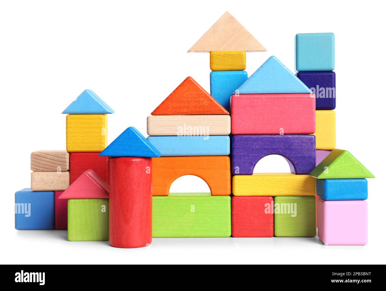 Toy castle made of bright building blocks on white background Stock ...