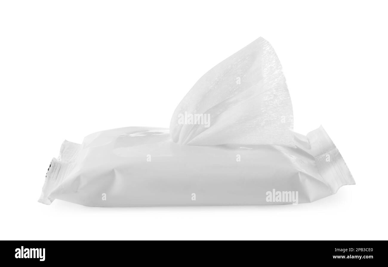 Open wet wipes flow pack isolated on white Stock Photo - Alamy