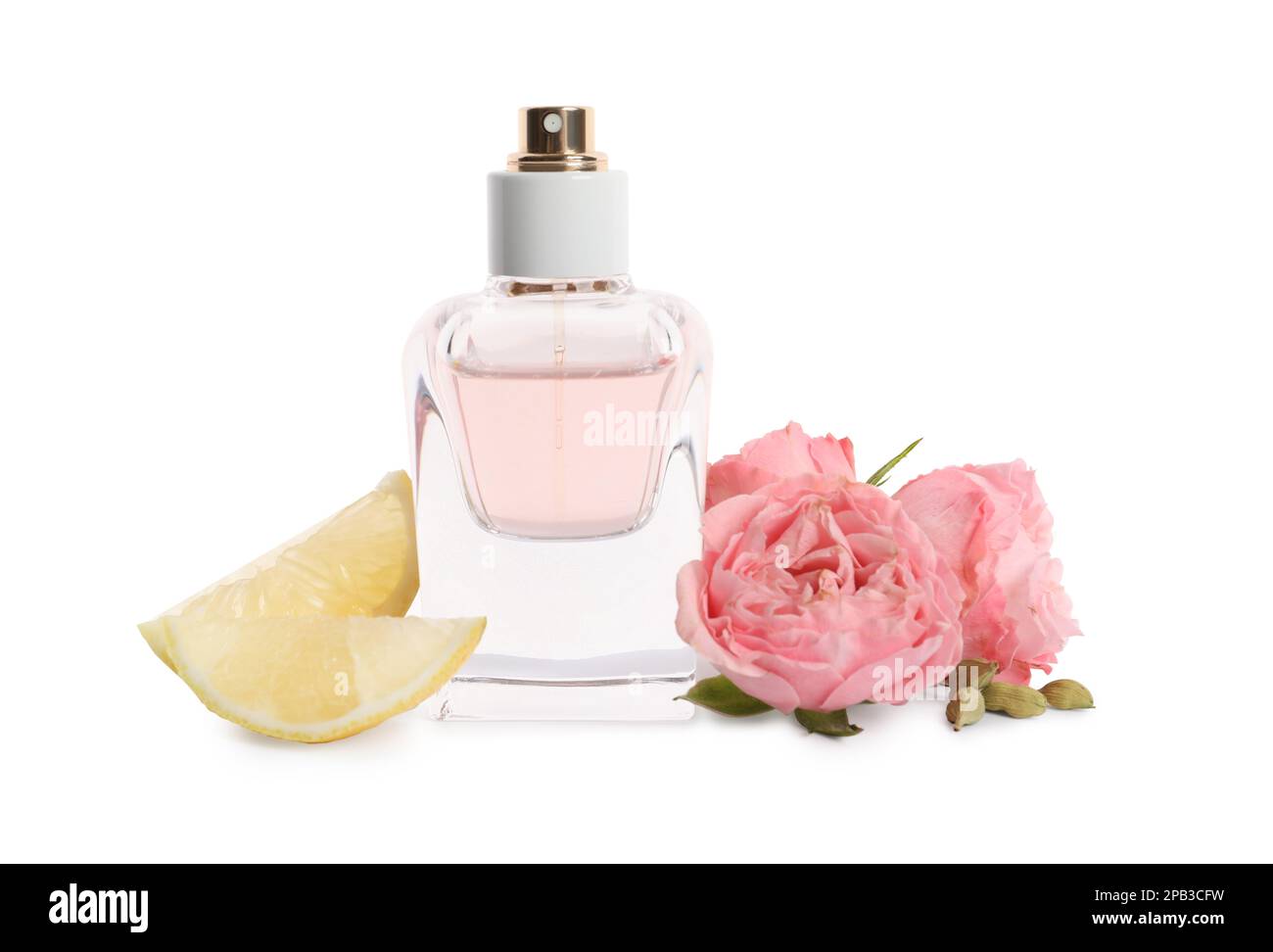 Bottle of perfume, lemon and flowers on white background Stock Photo ...
