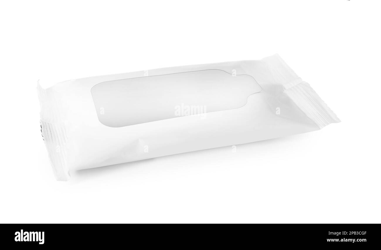 Wet wipes flow pack isolated on white Stock Photo - Alamy