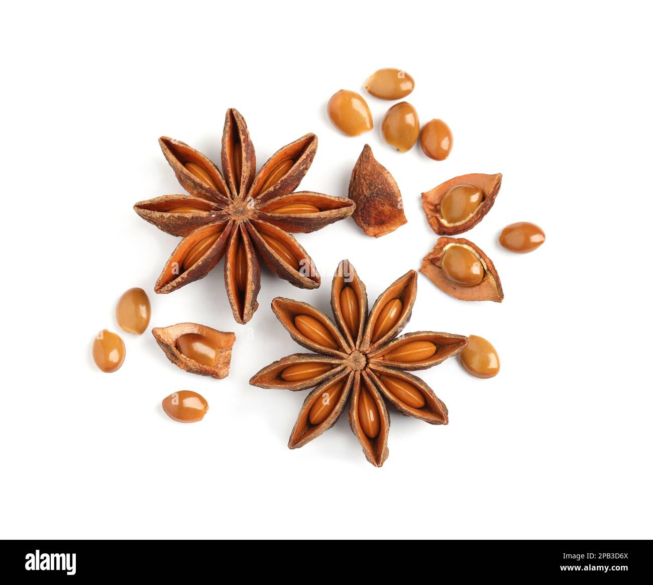 Dry anise stars with seeds on white background, top view Stock Photo ...
