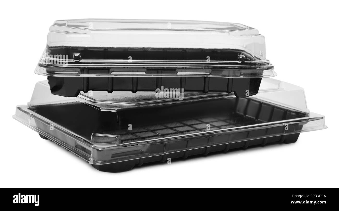 Empty plastic containers for food on white background Stock Photo - Alamy