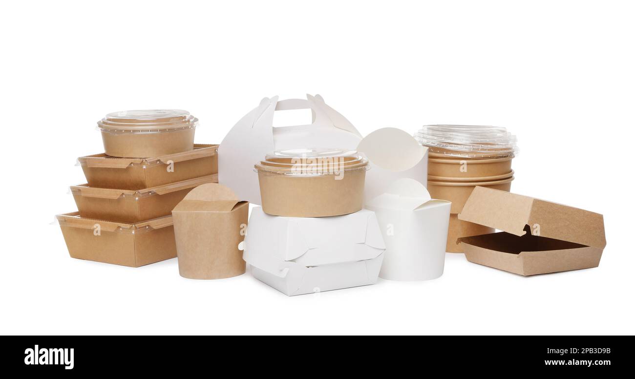 Set of different containers for food on white background Stock Photo ...