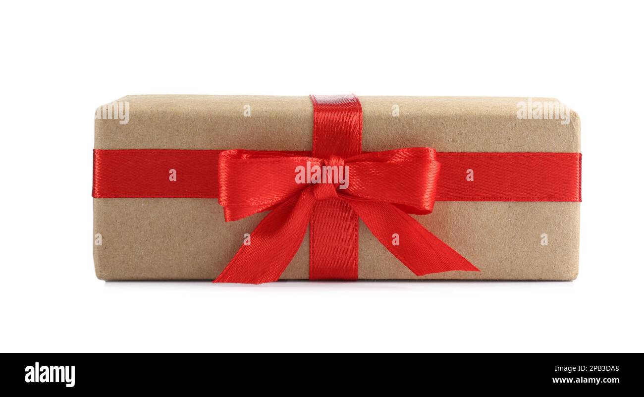 Beautiful gift box with red bow isolated on white Stock Photo - Alamy