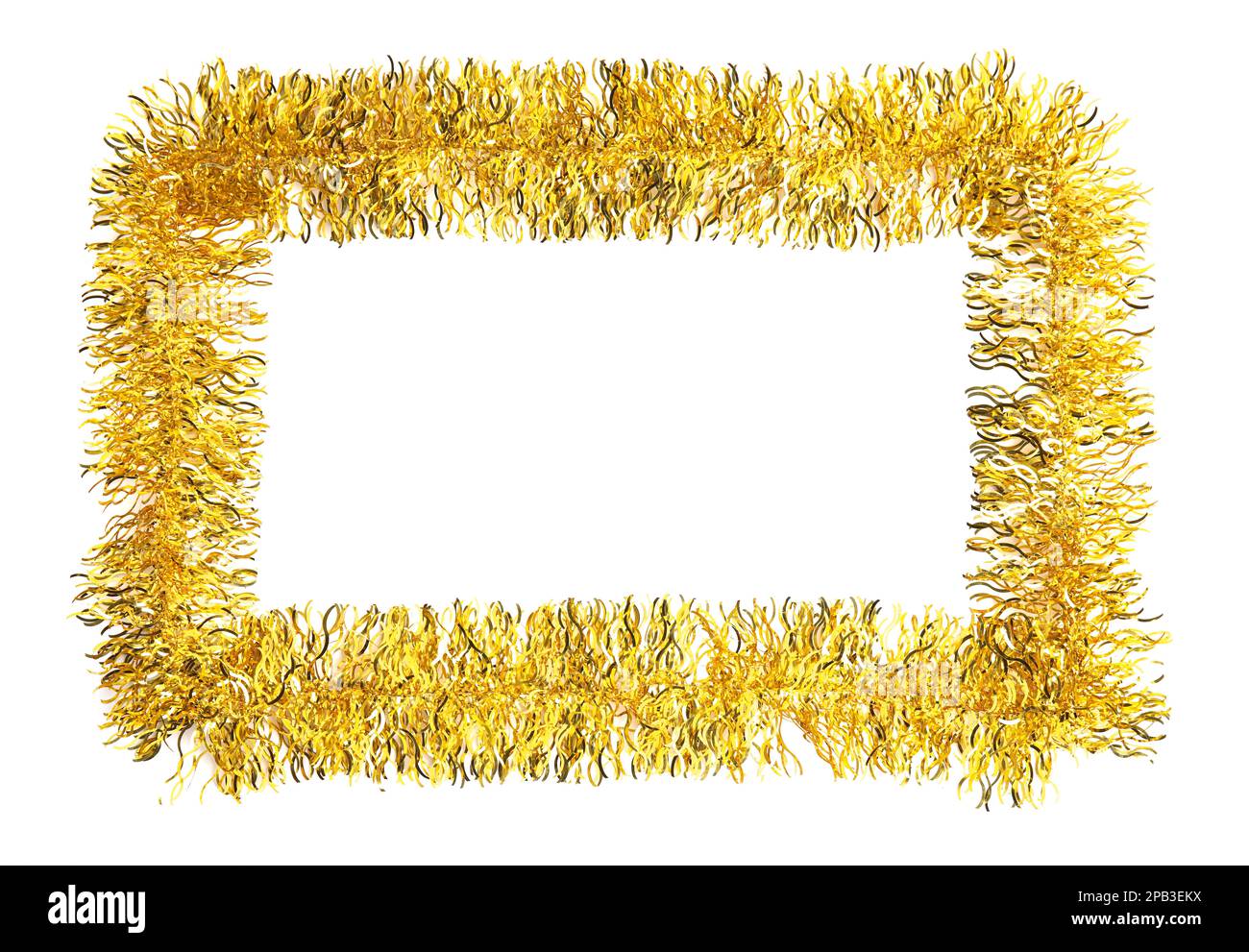Frame of shiny golden tinsel on white background, top view. Space for ...