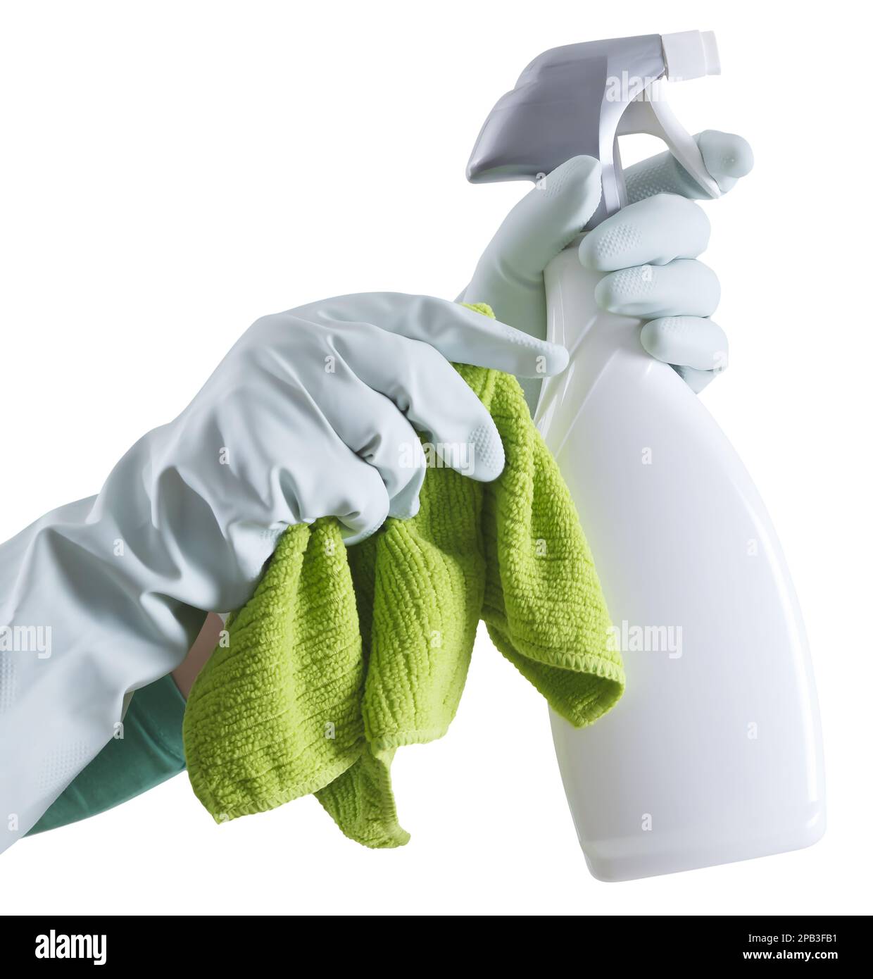 Cleaning service and solutions. Hands with gloves, rags and spray ...