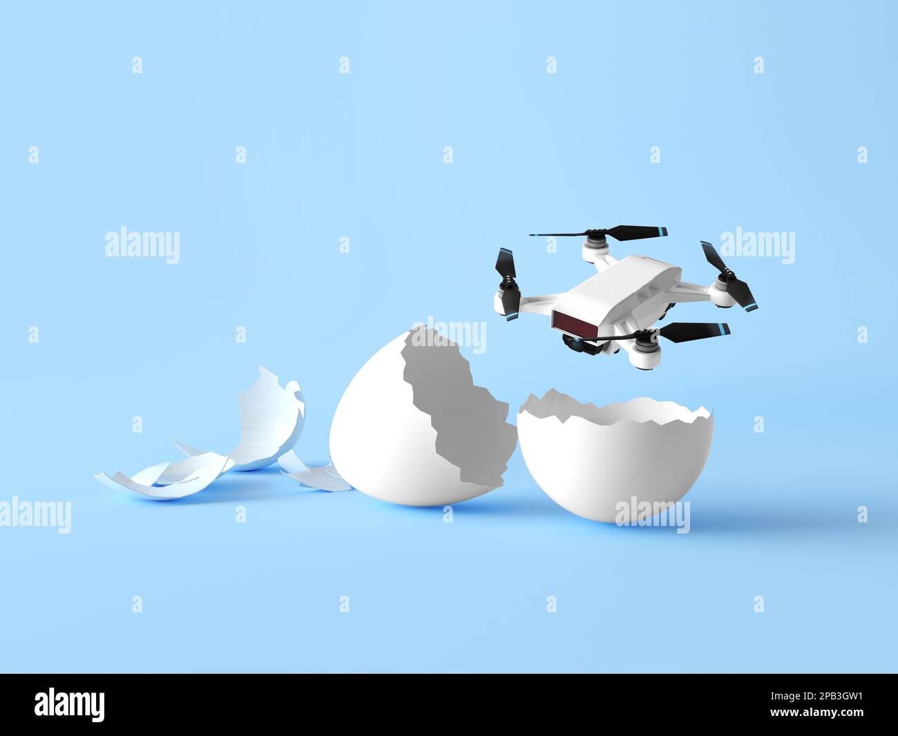 A small quadcopter drone hatched from the egg and broke eggshell ...