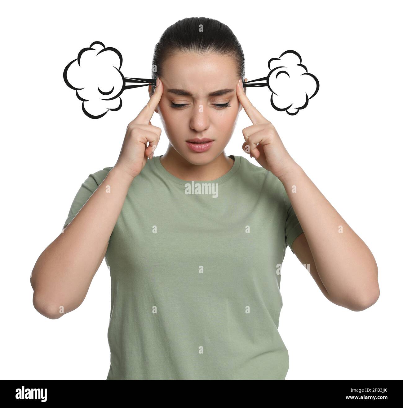 Young woman having headache on white background. Illustration of steam ...