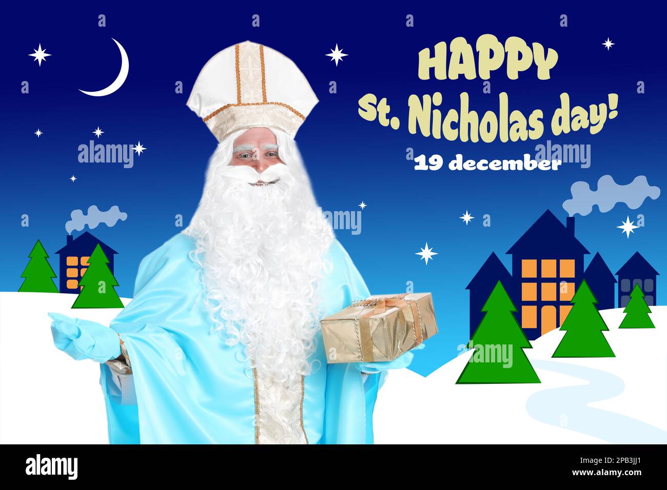 Greeting card design. Saint Nicholas with present and illustration of ...