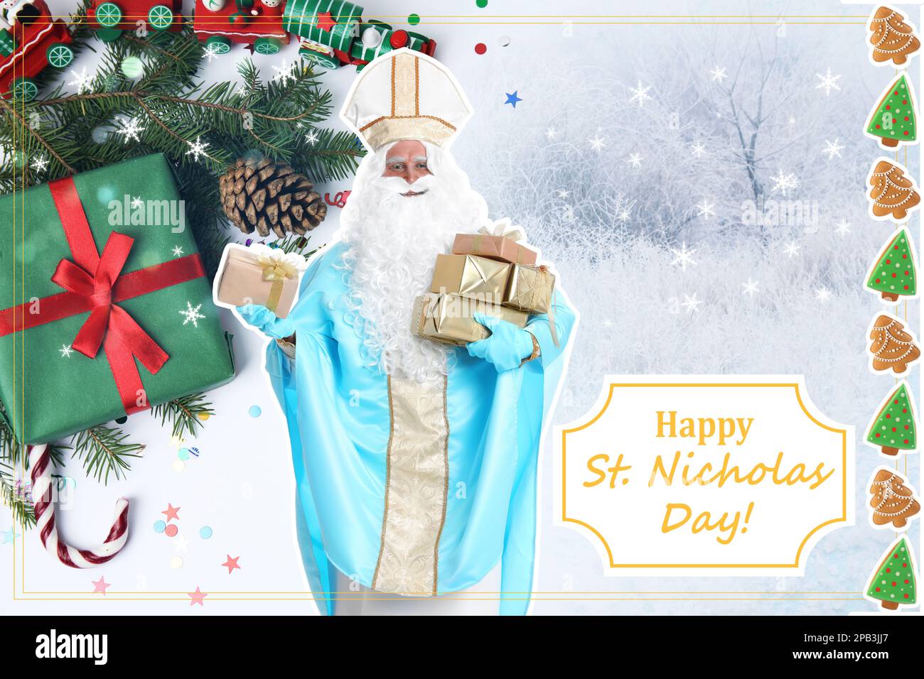 Greeting card design. Saint Nicholas with presents Stock Photo - Alamy