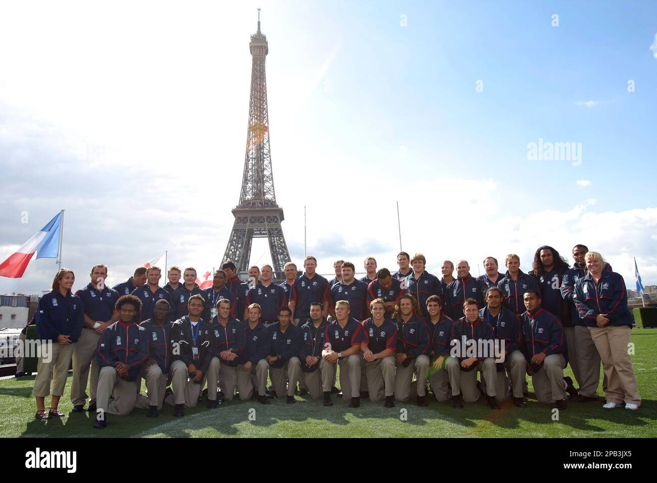 The United States rugby union team pose for a photo on top of the Quai ...
