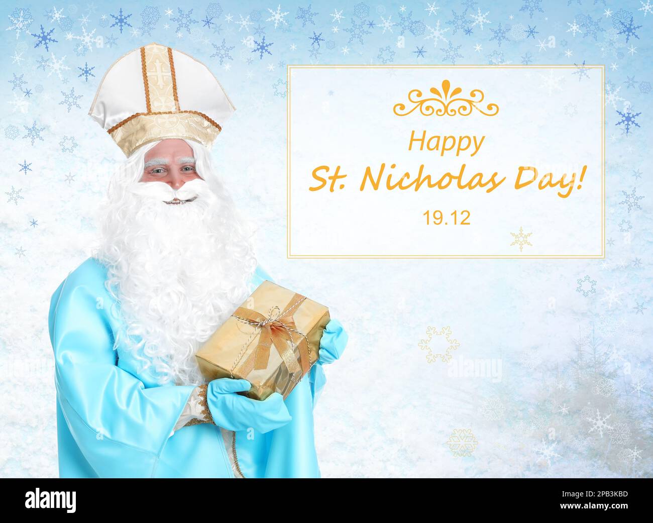 Greeting card design. Saint Nicholas with present on light background ...