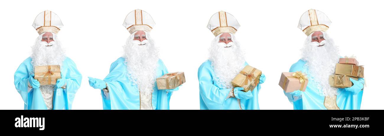 Collage with photos of Saint Nicholas on white background. Banner ...
