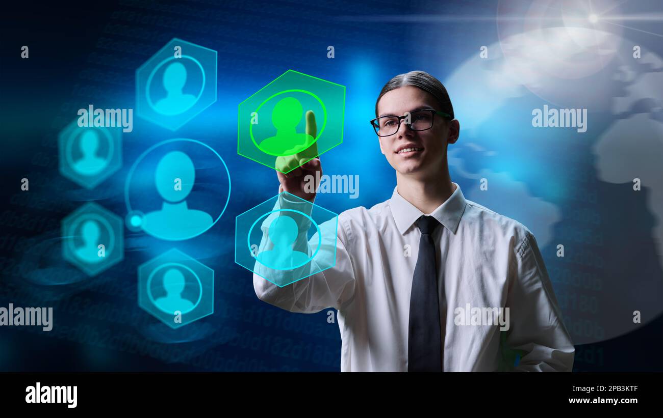 Young student guy communicating online touching contact on digital ...