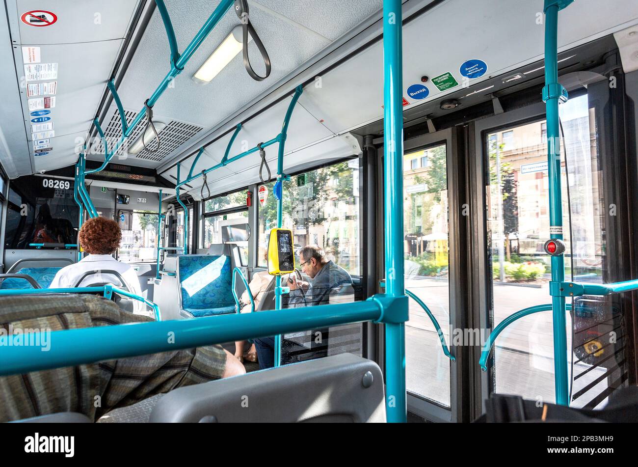 Moscow, Russia - July 9. 2019. Modern moscow city bus interior with ...
