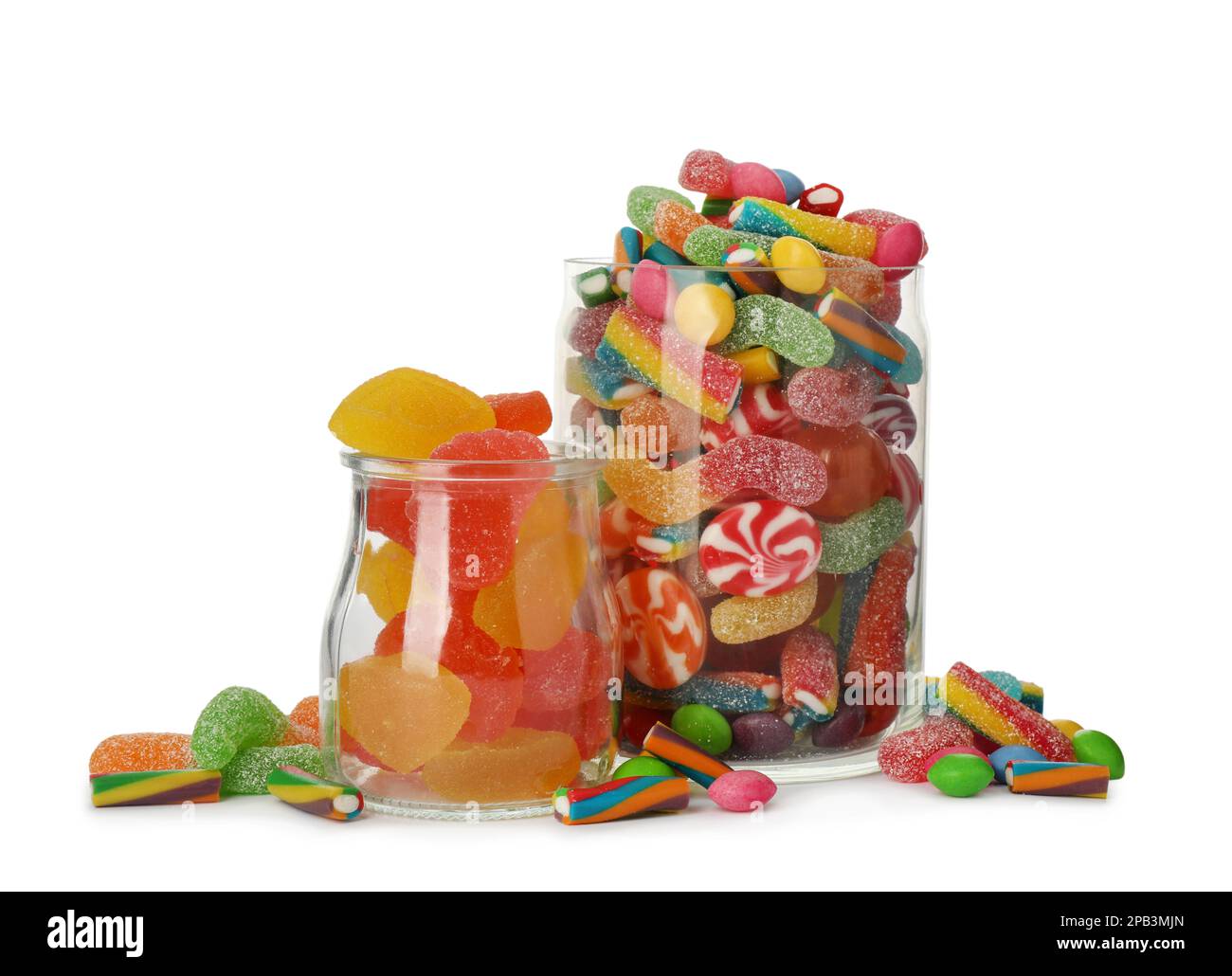 Glass jars with different candies on white background Stock Photo - Alamy
