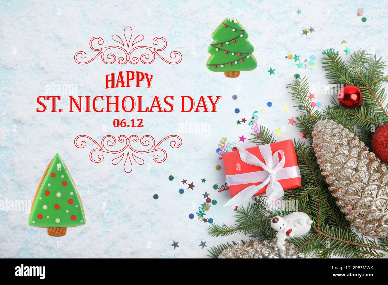 Happy St. Nicholas day, greeting card design. Flat lay composition of ...