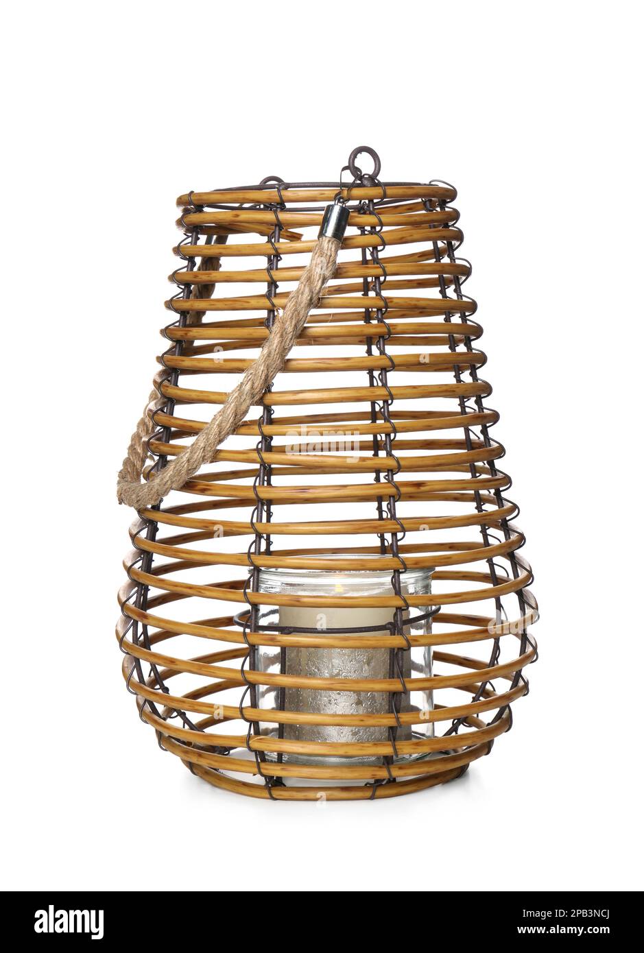 Stylish wicker holder with candle isolated on white Stock Photo - Alamy
