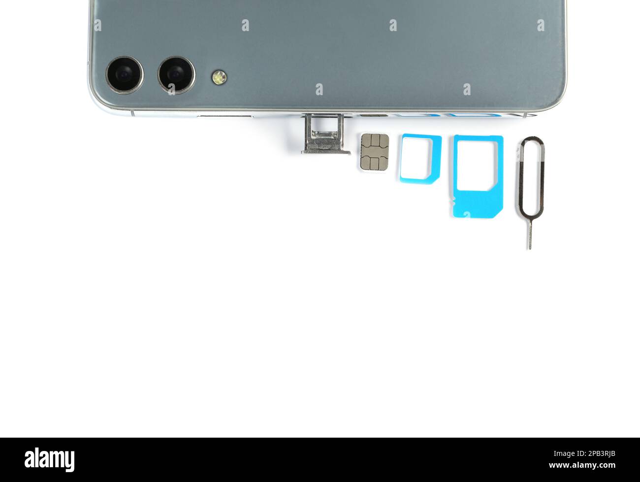 SIM card, mobile phone and ejector on white table, flat lay Stock Photo ...