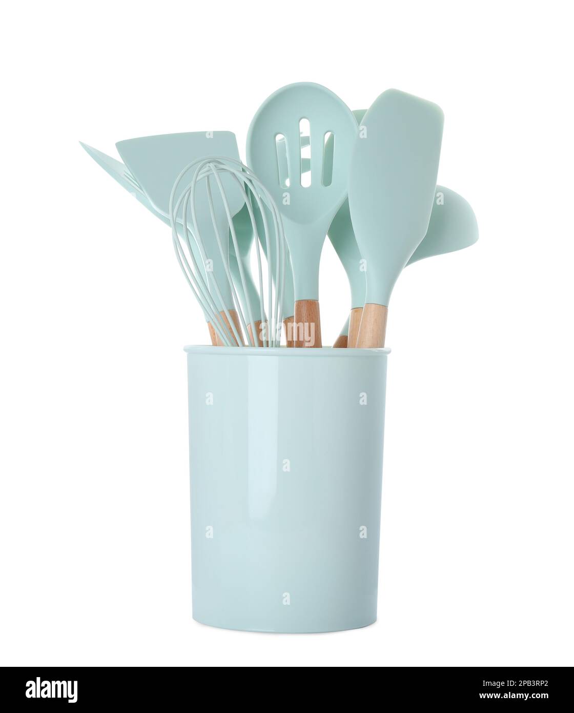 Set of turquoise kitchen utensils in holder isolated on white Stock ...