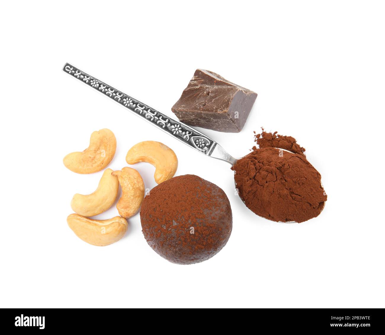 Delicious chocolate truffle with ingredients on white background, top ...