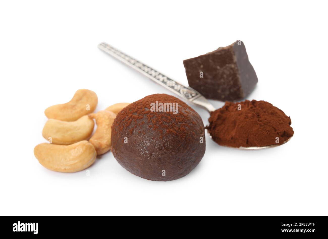 Delicious chocolate truffle with ingredients on white background Stock ...