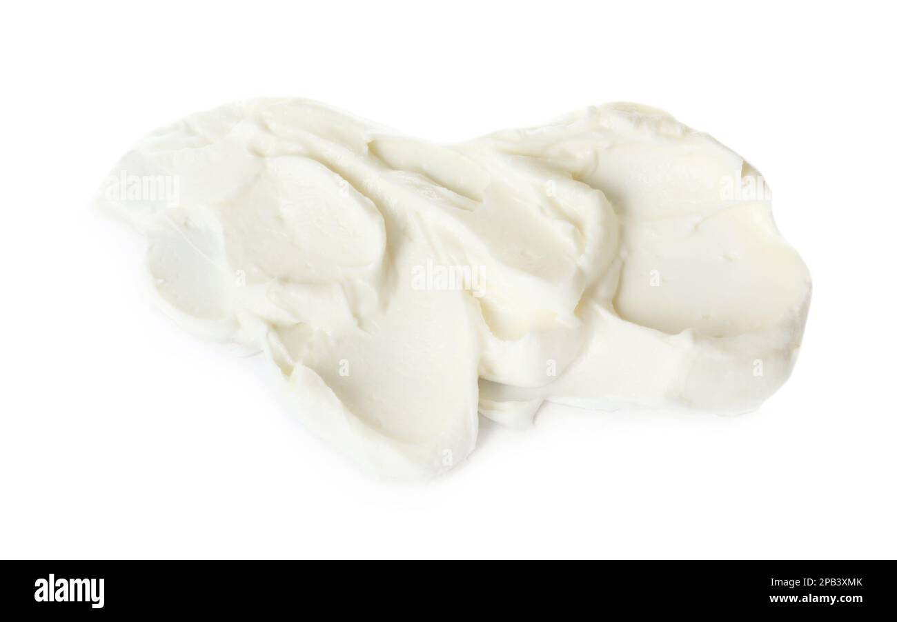 Smear of delicious cream cheese isolated on white, top view Stock Photo ...