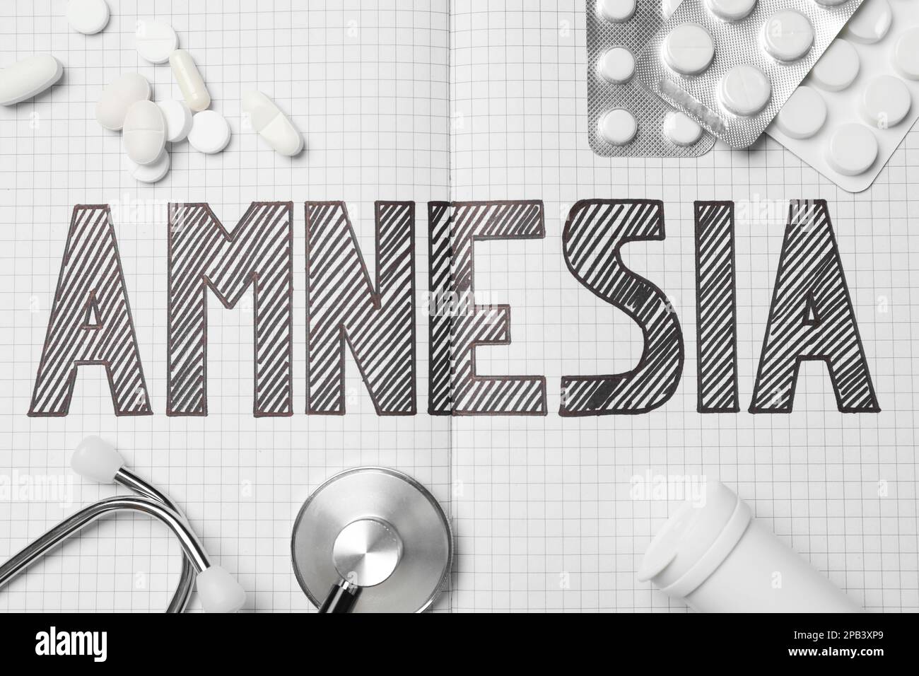 Stethoscope, pills and word Amnesia written on paper, flat lay Stock ...