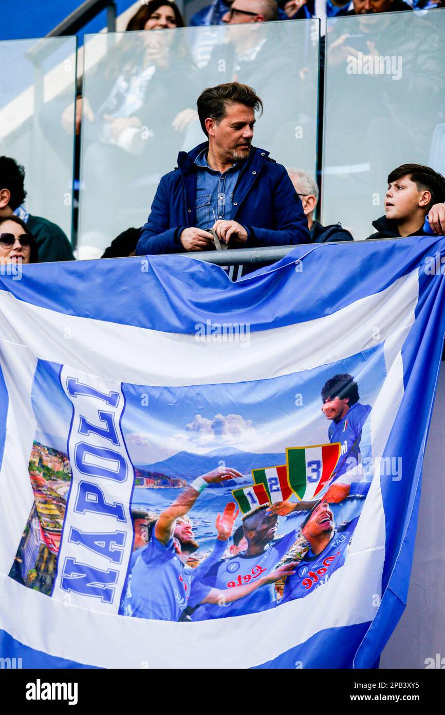 A flag depicting Napoli's third Scudetto in the stands during the Serie ...
