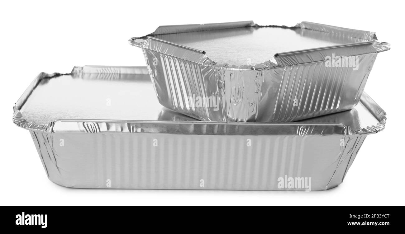 Foil containers for food on white background Stock Photo - Alamy