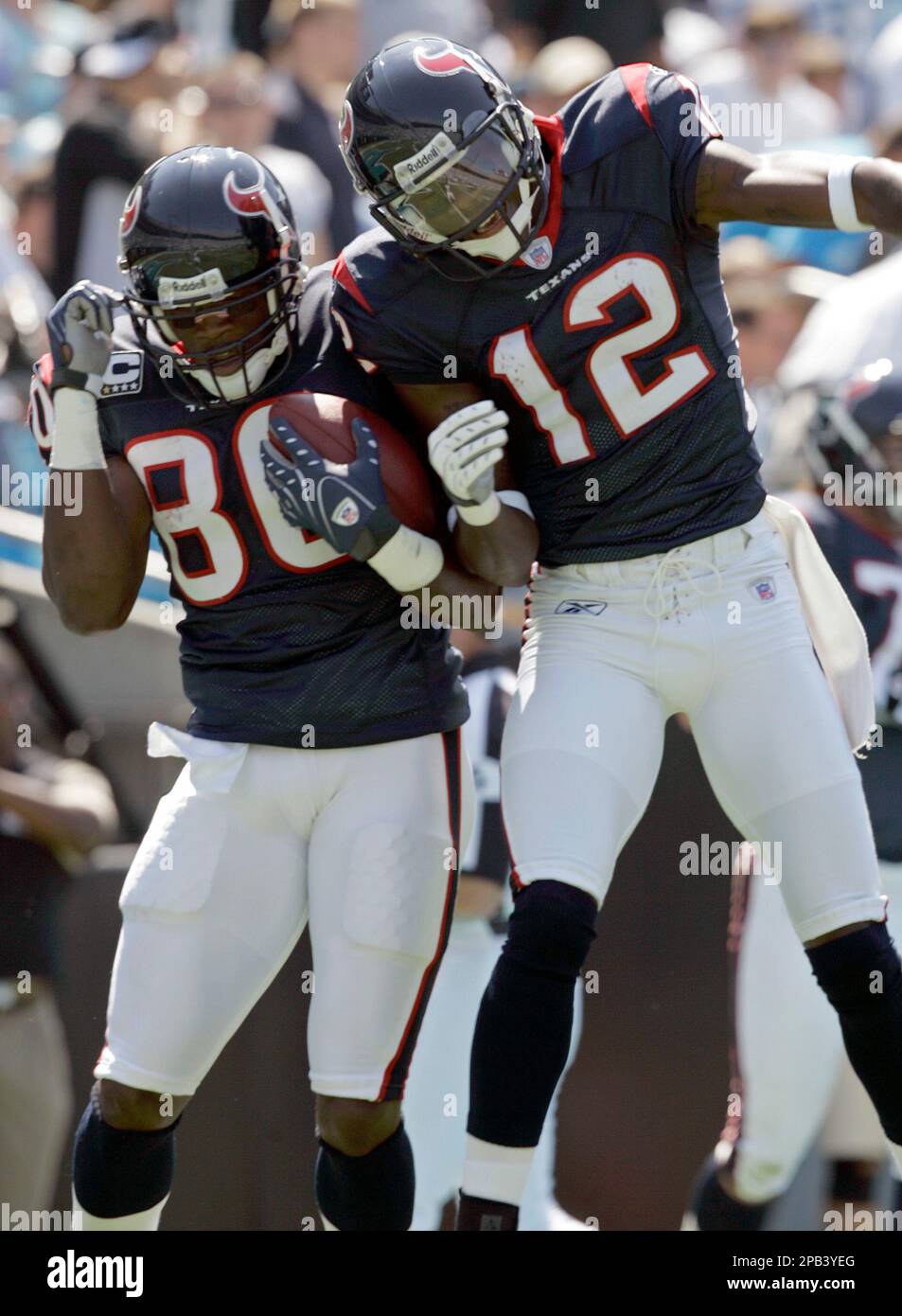 Houston Texans' Andre Johnson (80) and Jacoby Jones (12) celebrate ...