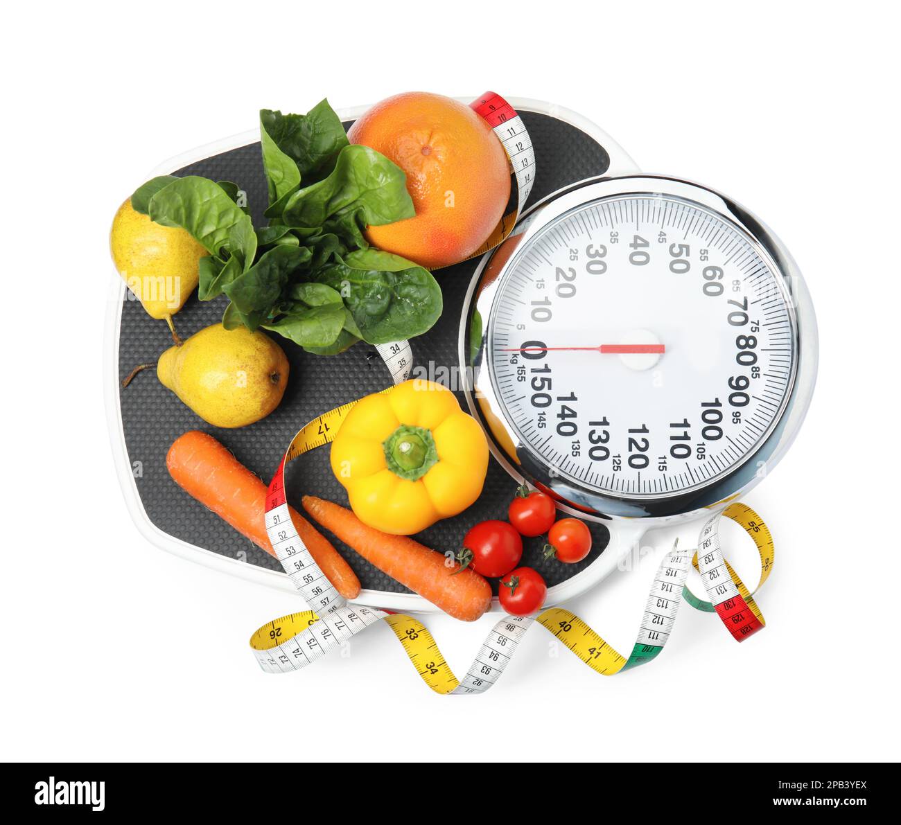 Scales, healthy food and measuring tape on white background, top view ...