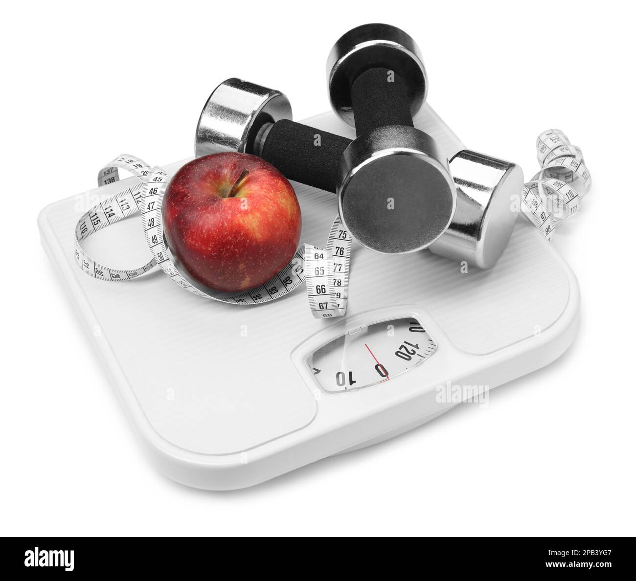 Scales, apple, measuring tape and dumbbells on white background Stock ...
