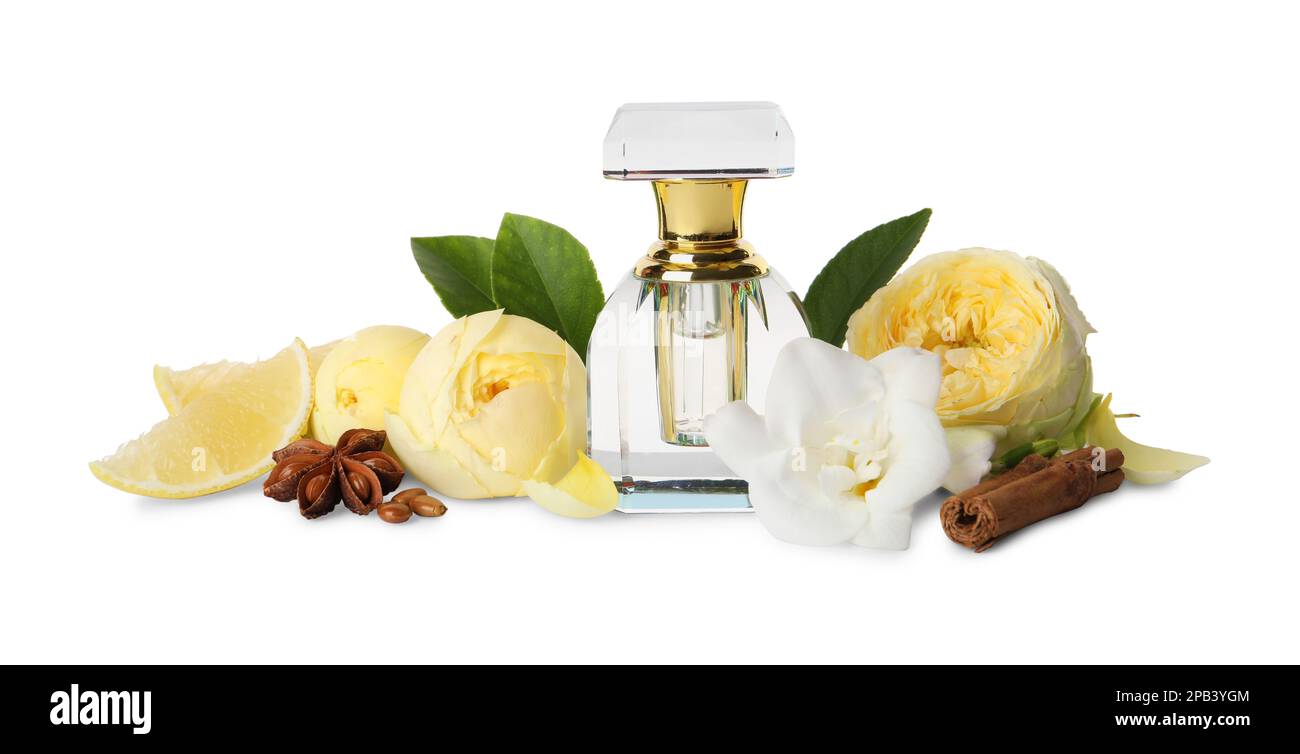 Bottle of perfume, lemon, flowers and spices on white background Stock ...